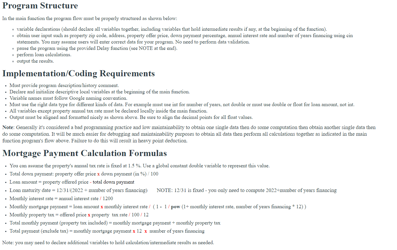 Solved Program Specifications Implement a simple mortgage | Chegg.com