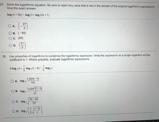 Solved 25. Solve the logarithmic equation. Be sure to reject | Chegg.com