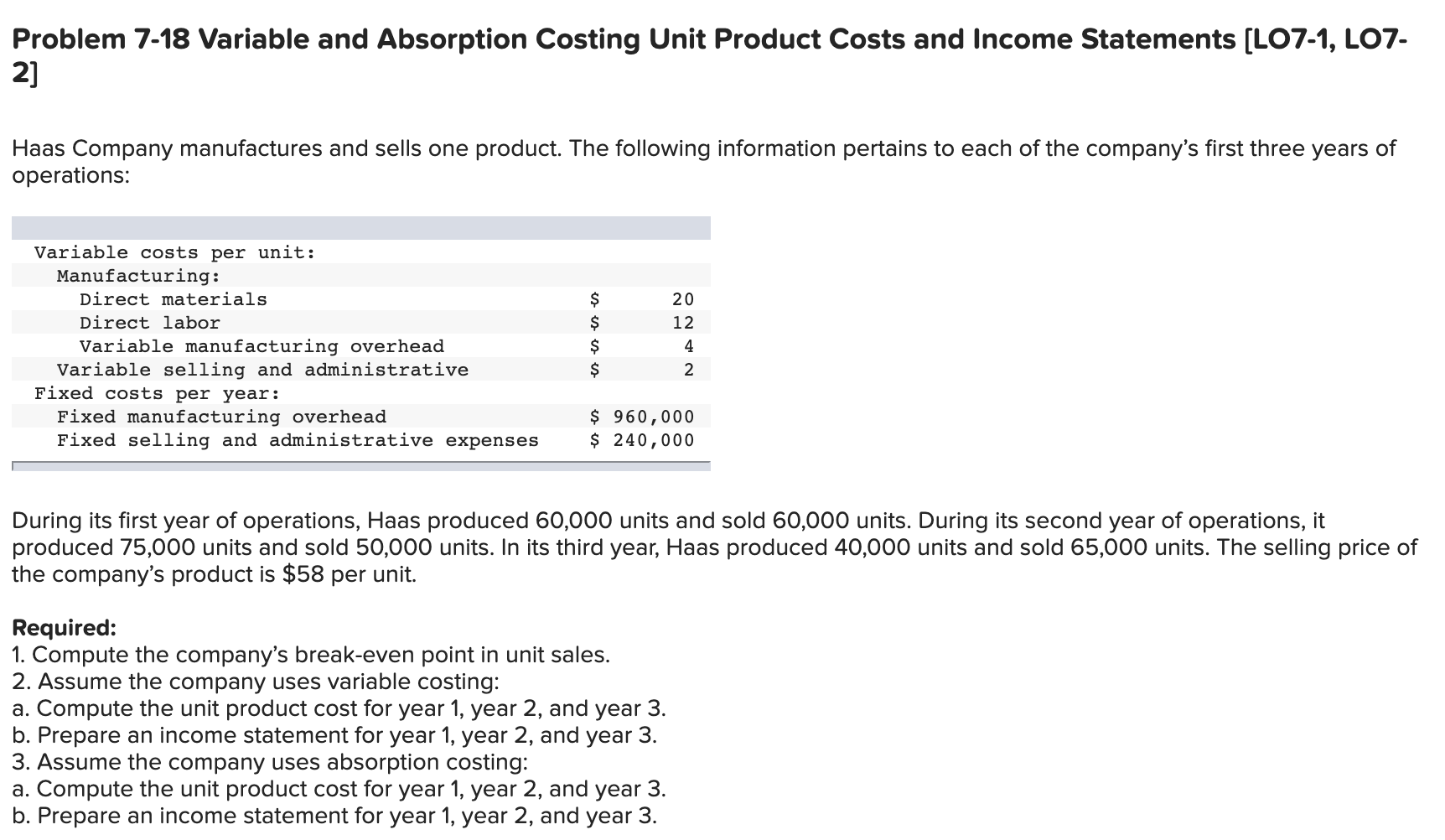 Solved Problem 7-18 Variable and Absorption Costing Unit | Chegg.com