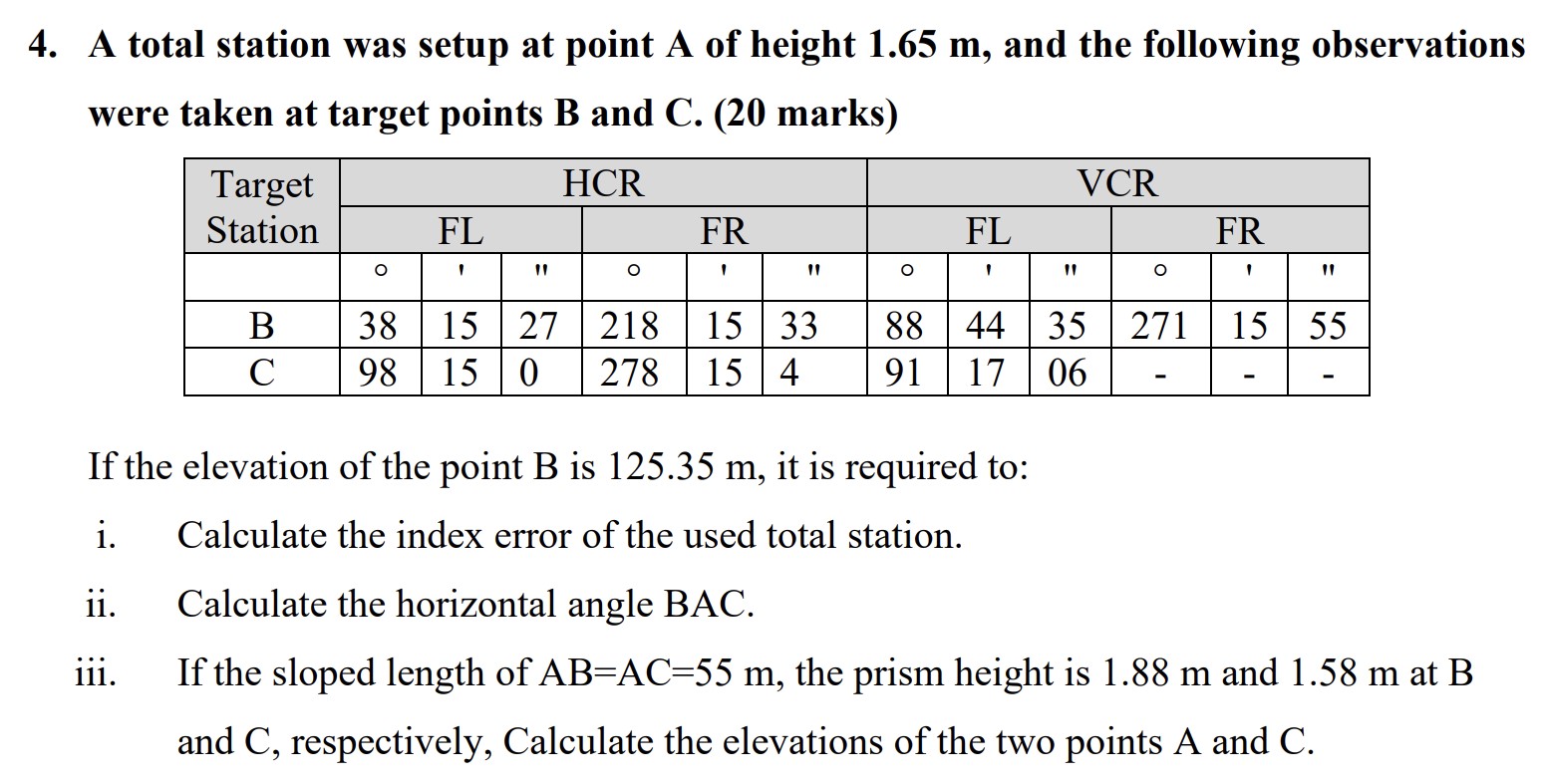 Solved 4. A total station was setup at point A of height | Chegg.com