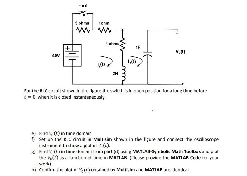 Solved t = 0 1ohm 5 ohms Em w 4 ohms + 1F 카 Vo(t) 40V 12(t) | Chegg.com