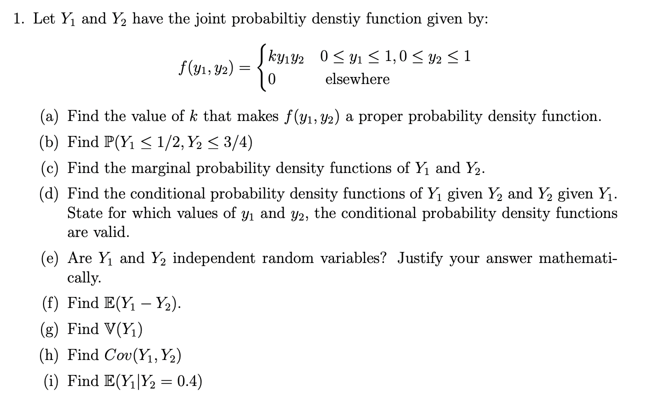 Let Y1 ﻿and Y2 ﻿have the joint probabiltiy denstiy | Chegg.com
