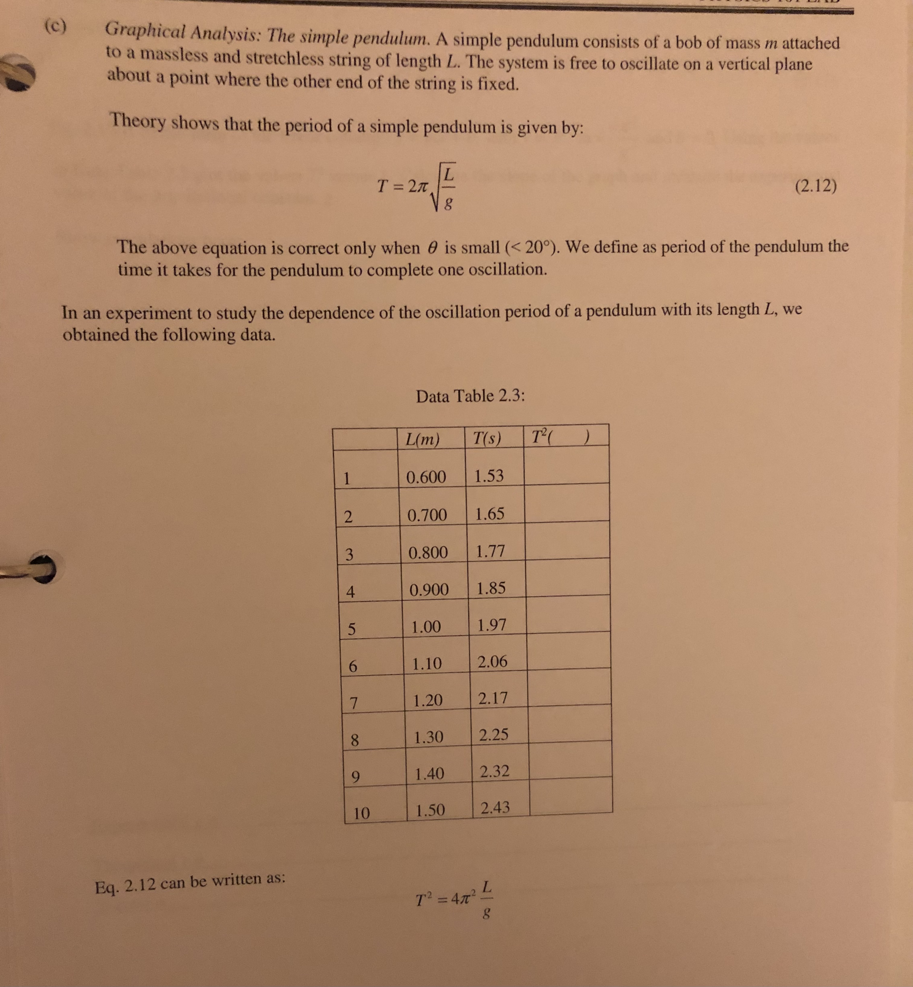 Solved Graphical Analysis: The simple pendulum. A simple | Chegg.com