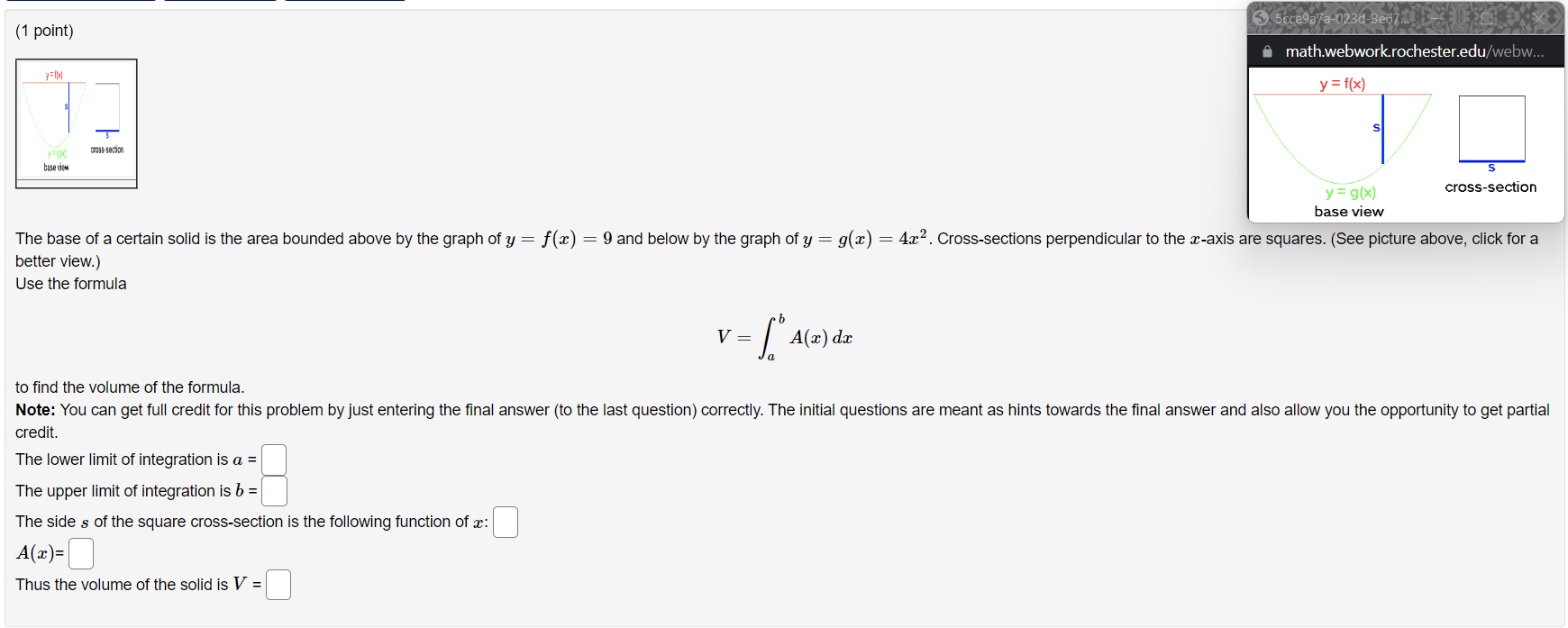 Solved better view.) Use the formula V=∫abA(x)dx to find the | Chegg.com