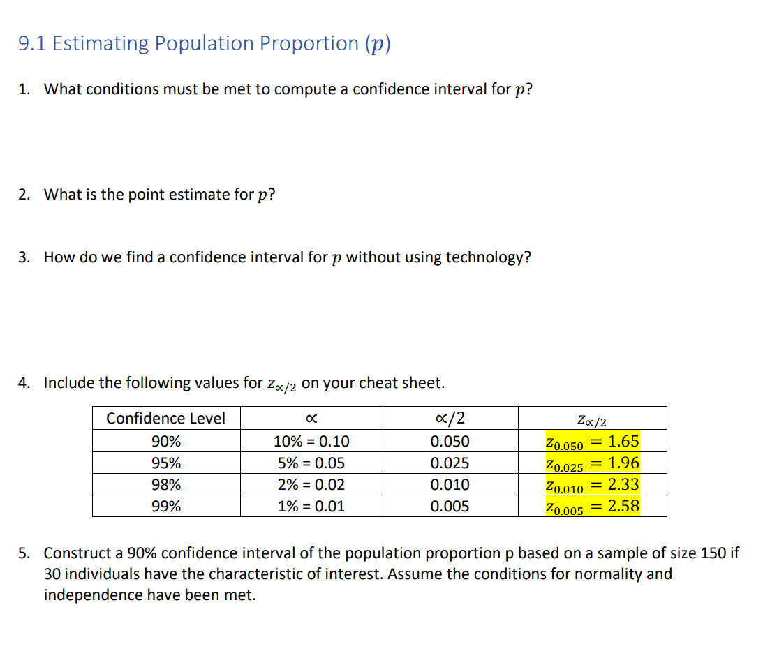 Solved 9.1 Estimating Population Proportion (p) 1. What | Chegg.com