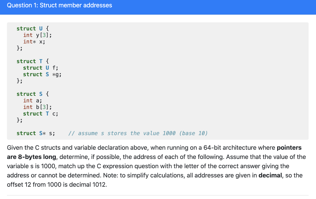Solved Question 1: Struct member addresses struct U{ int | Chegg.com