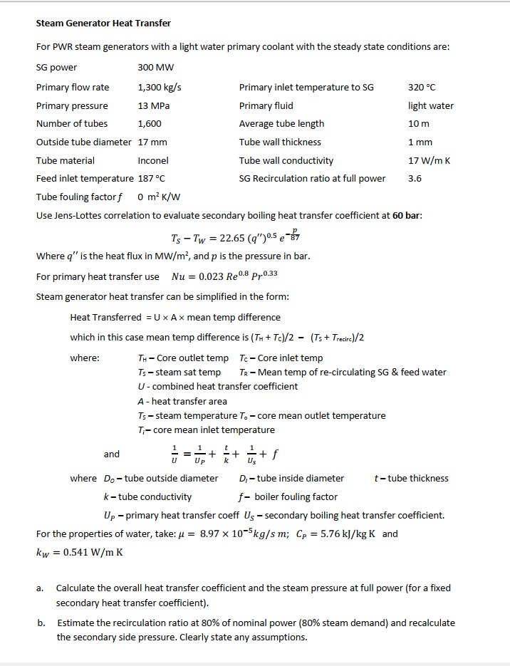 Solved Steam Generator Heat Transfer For PWR steam | Chegg.com