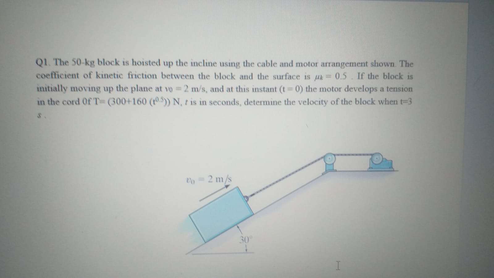 Solved Q1. The 50-kg block is hoisted up the incline using | Chegg.com