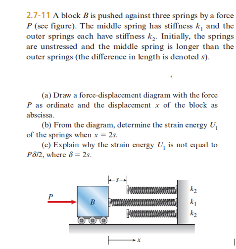 Solved 2.7-11 A block B is pushed against three springs by a | Chegg.com