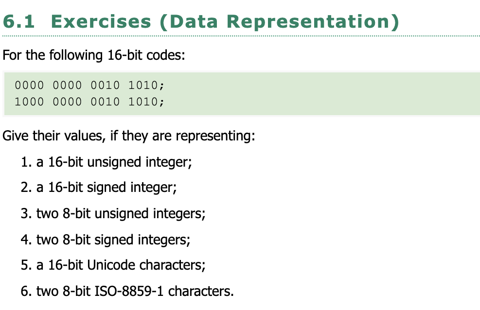 Solved 6.1 Exercises (Data Representation) For the following | Chegg.com