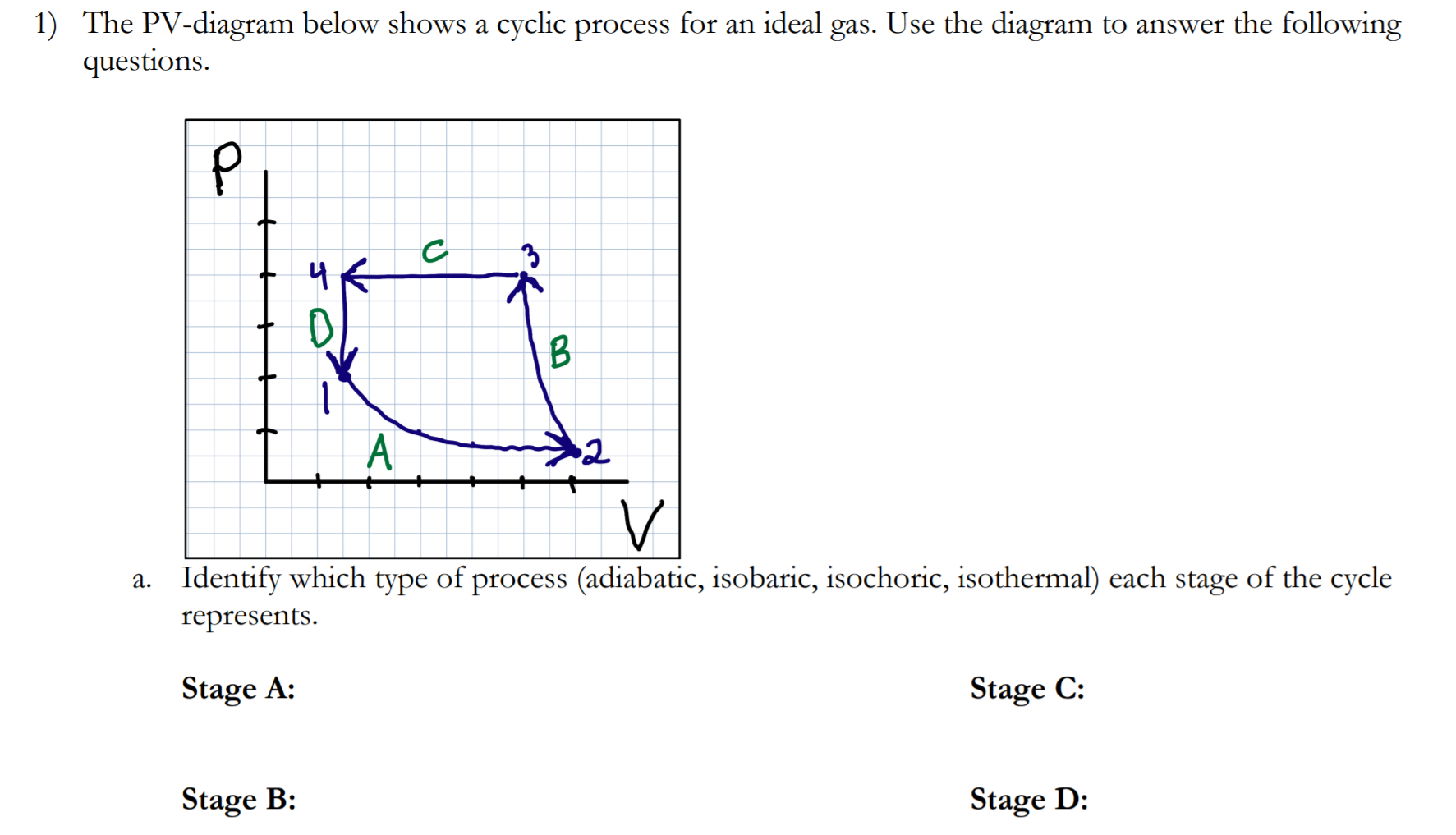 Solved 1) The PV-diagram below shows a cyclic process for an | Chegg.com