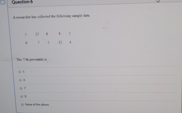 Solved Question 6 A researcher has collected the following | Chegg.com