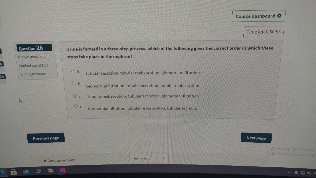 Solved Course dashboard Time left 0:50:55 Question 26 Urine | Chegg.com