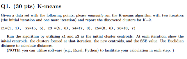 Solved Q1. (30 pts) K-means Given a data set with the | Chegg.com
