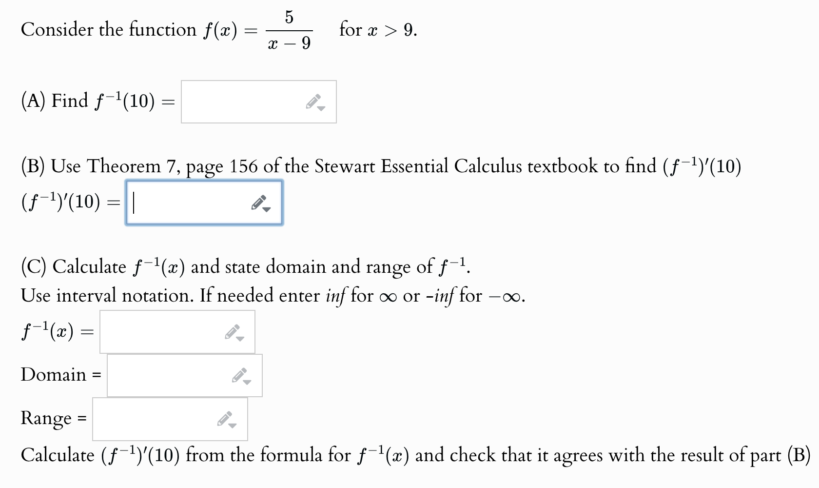 Solved Consider the function f(x)=5x-9, ﻿for x>9.(A) ﻿Find | Chegg.com