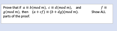 Solved Prove that if a = b(mod m), C = dmod m), and g(mod | Chegg.com