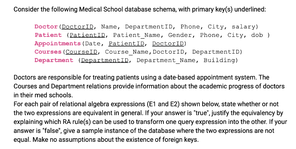 Solved Consider the following Medical School database | Chegg.com