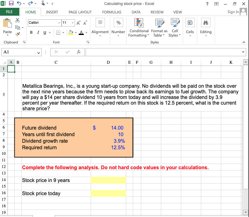 Solved X As El क 5 X Calculating Stock Price Excel 