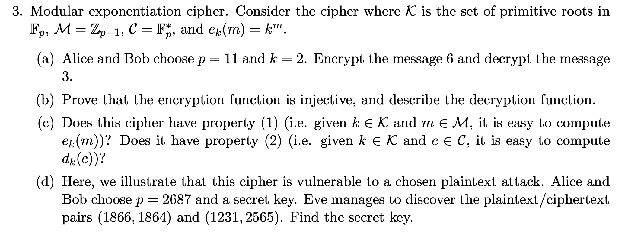 т = - = 2 p - = 3. Modular exponentiation cipher. | Chegg.com