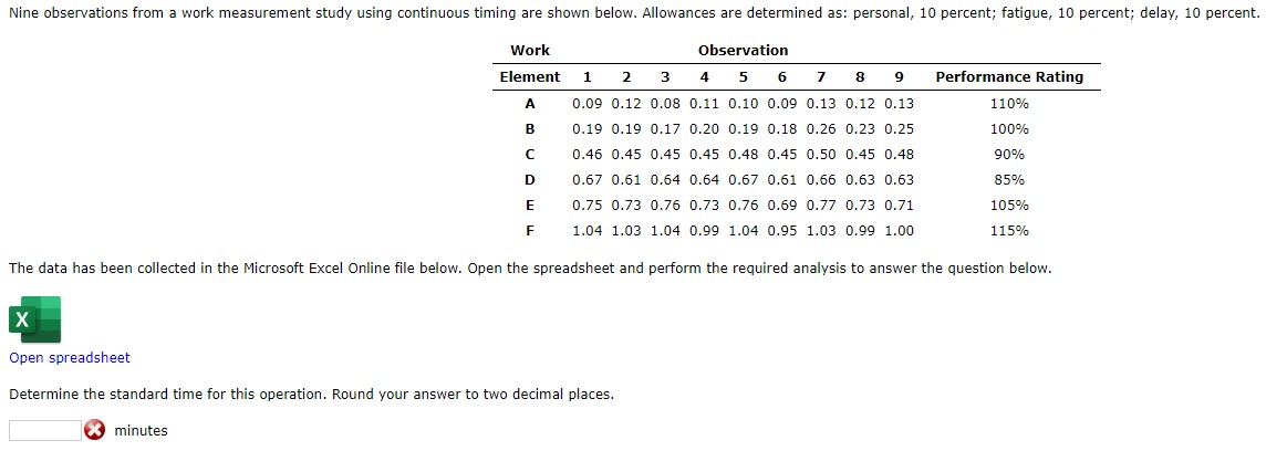 Solved Nine observations from a work measurement study using | Chegg.com