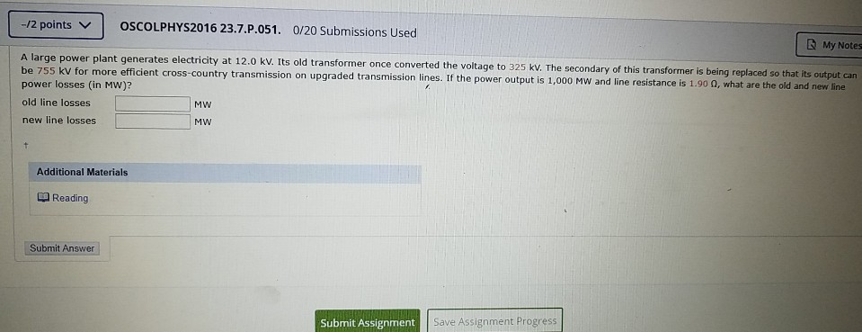 Solved -/2 points OSCOLPHYS2016 23.7.P.051.0/20 Submissions | Chegg.com