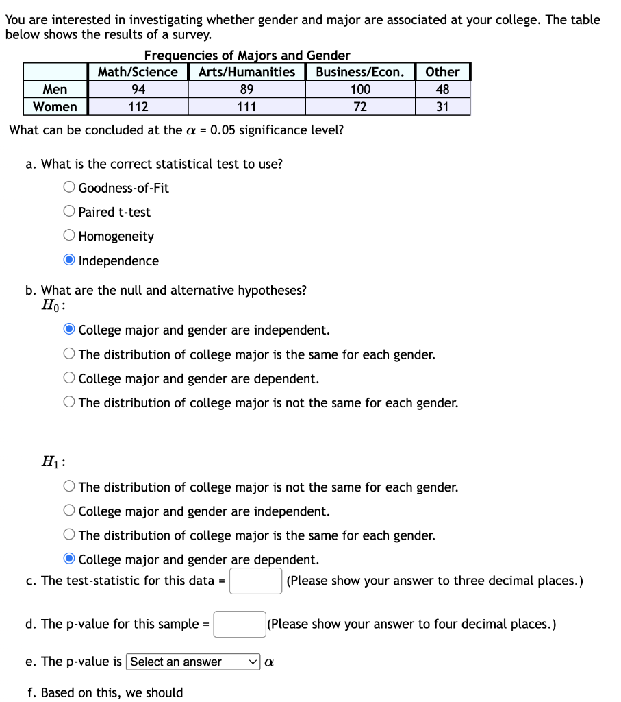 Solved You are interested in investigating whether gender | Chegg.com
