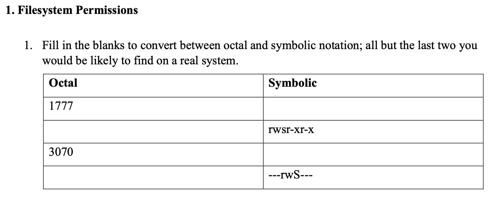 Solved Filesystem PermissionsFill in the blanks to convert | Chegg.com