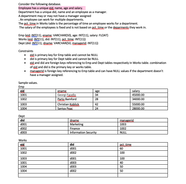 Solved Consider the following database. Employee has a | Chegg.com