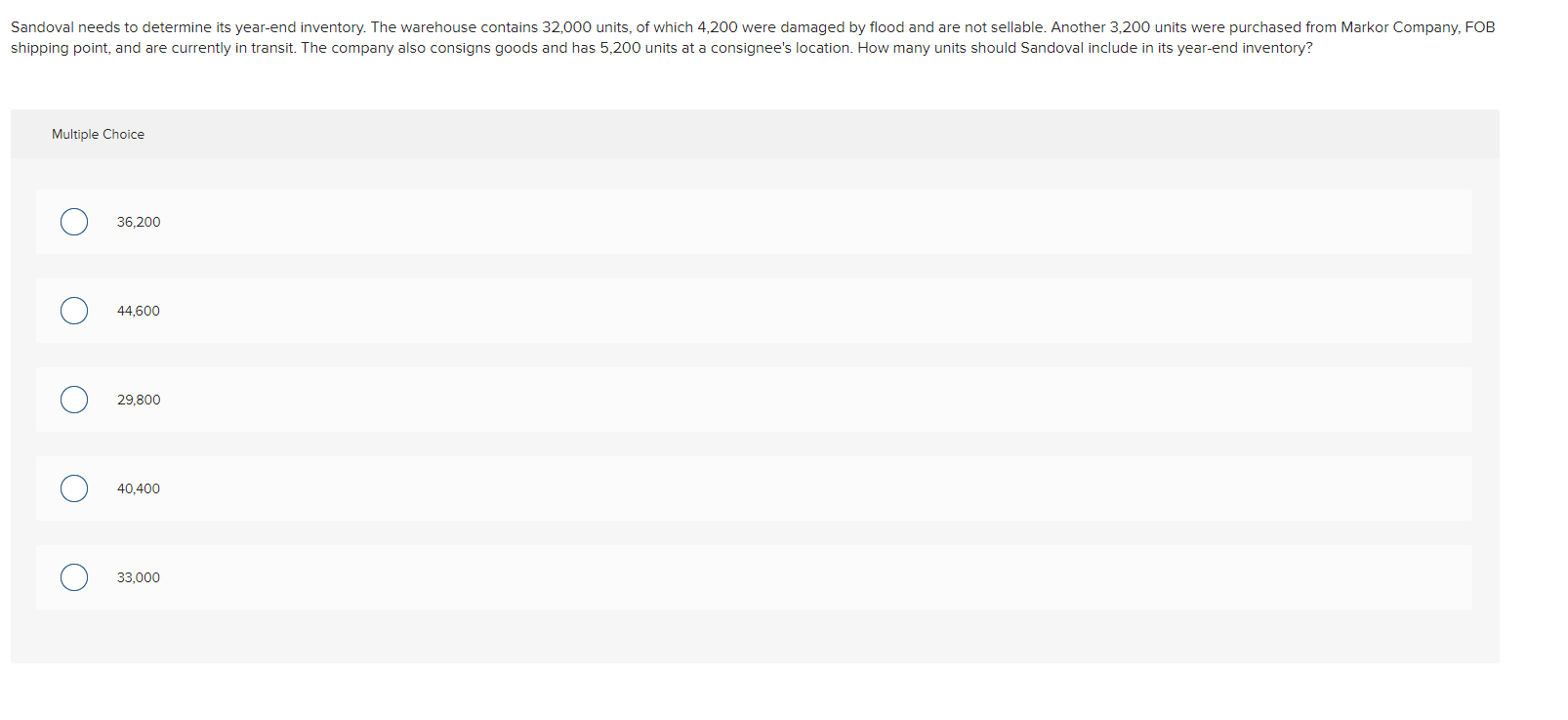 Solved Multiple Choice 36 200 44 600 29 800 40 400 33 000 Chegg