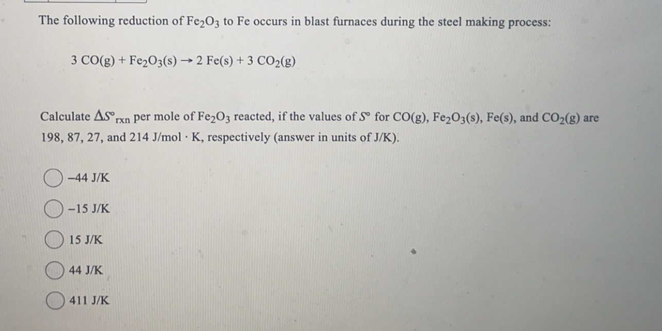 Solved The following reduction of Fe2O3 to Fe occurs in | Chegg.com