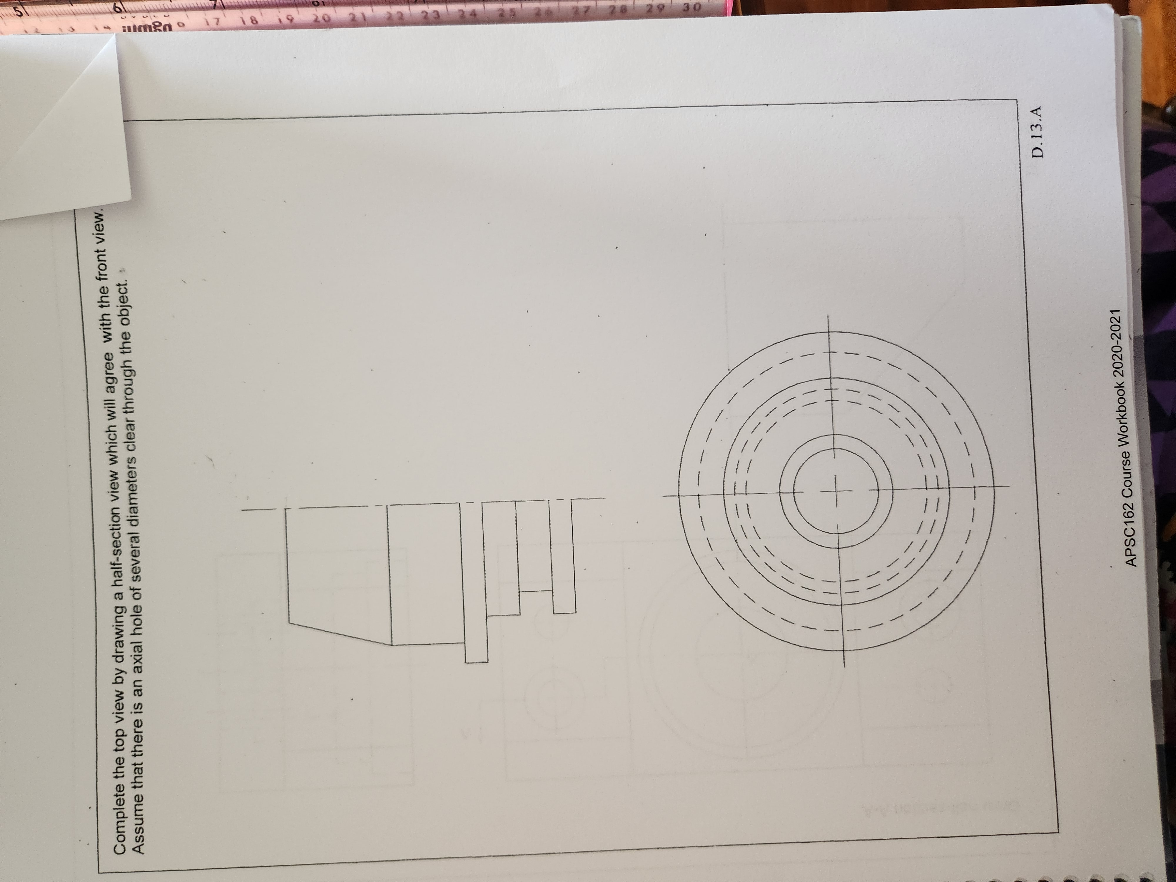 Complete the top view by drawing a half-section view | Chegg.com