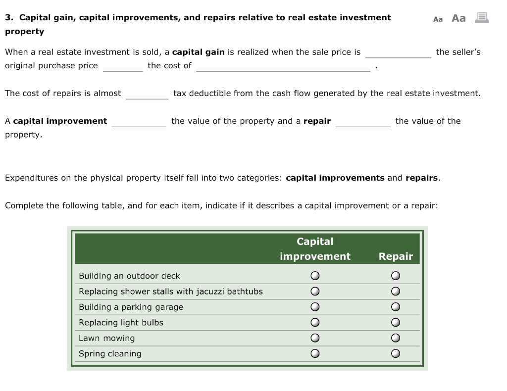 Solved 3. Capital gain, capital improvements, and repairs | Chegg.com