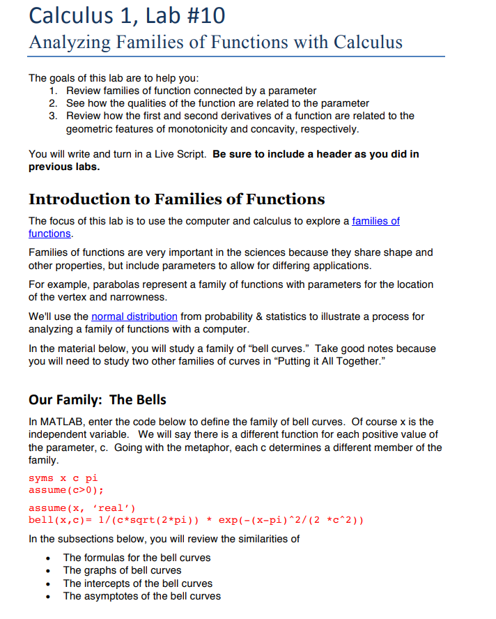 Calculus 1, Lab #10 Analyzing Families of Functions | Chegg.com
