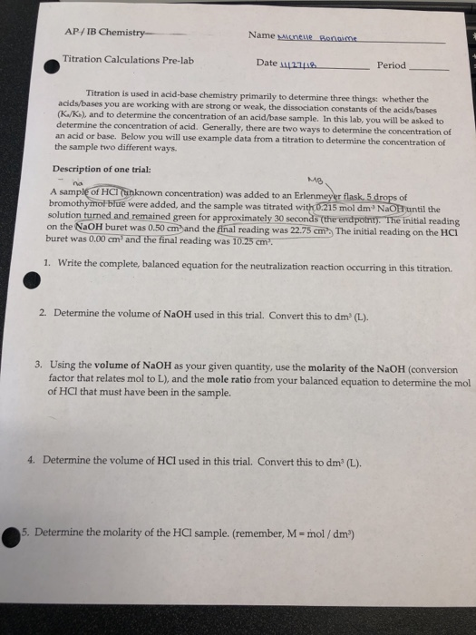 Solved AP/ IB Chemistry Name Titration Calculations Pre-lab | Chegg.com