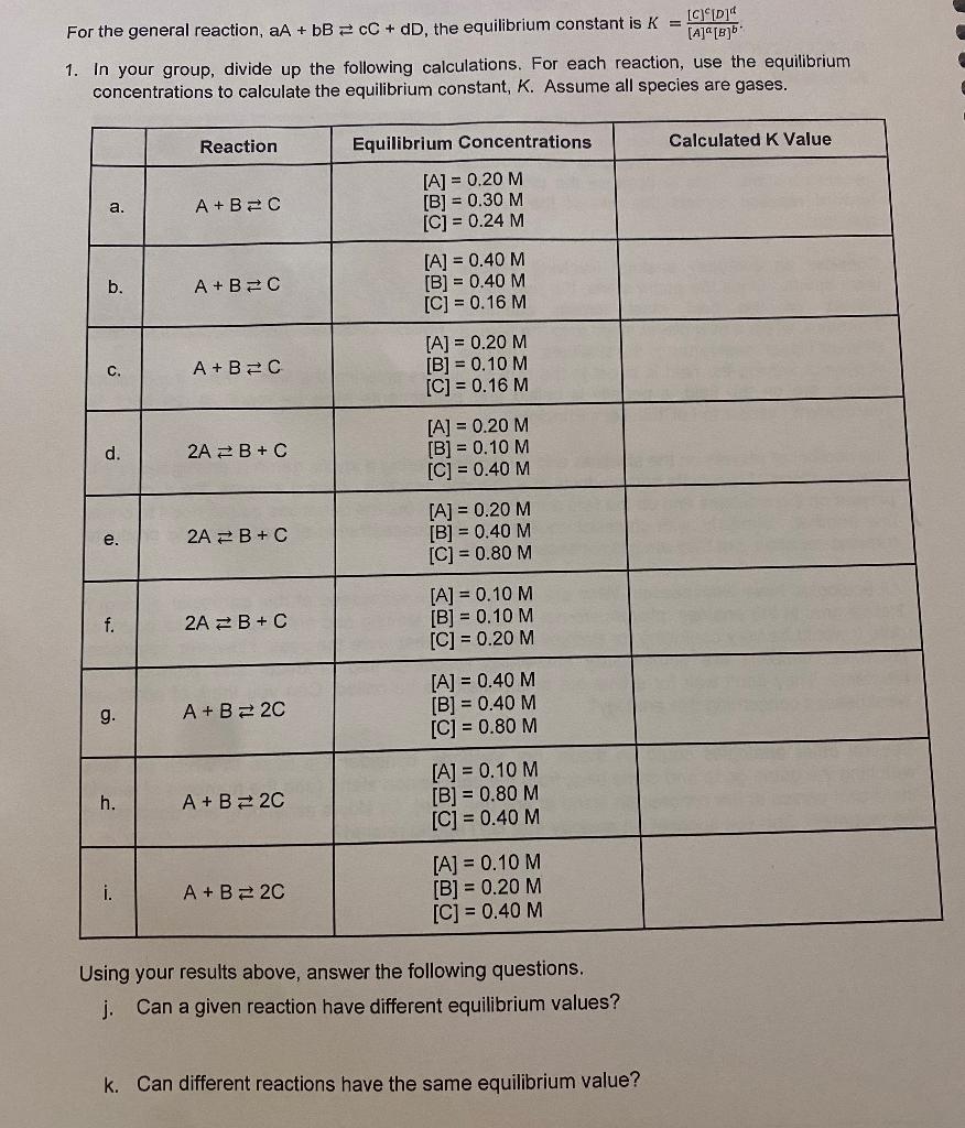 Solved For the general reaction, aA+bB⇄cC+dD, the | Chegg.com