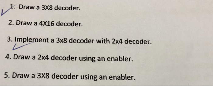 Solved Draw a 3X8 decoder. 2. Draw a 4X16 decoder. 3. | Chegg.com Solved Draw a 3X8 decoder. 2. Draw a 4X16 decoder. 3. | Chegg.com