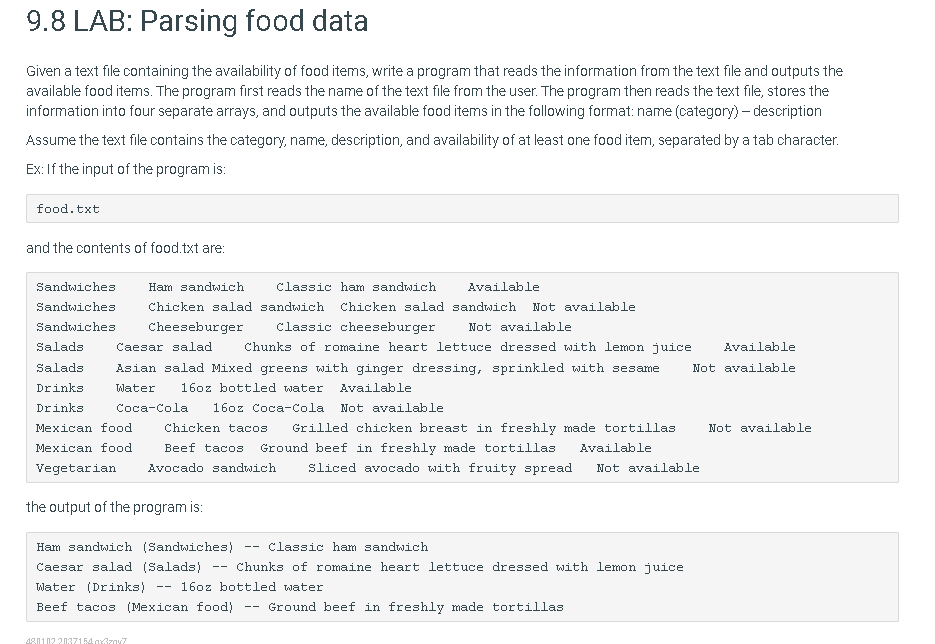 Solved 9.8 LAB: Parsing food data Given a text file | Chegg.com