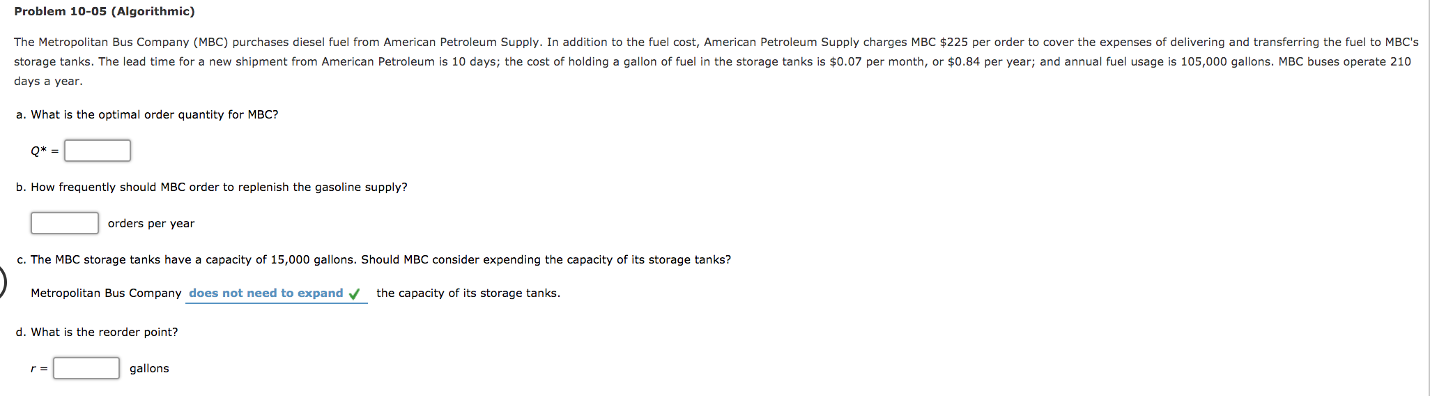 Solved Problem 10-05 (Algorithmic) The Metropolitan Bus | Chegg.com