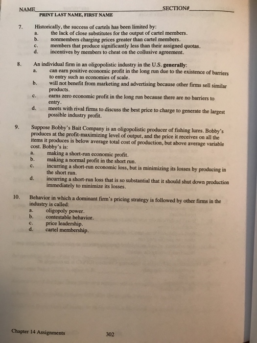 Solved NAME SECTION PRINT LAST NAME, FIRST NAME 7. | Chegg.com