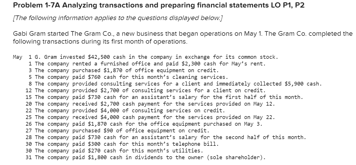 Solved Problem 1-7A Analyzing transactions and preparing | Chegg.com