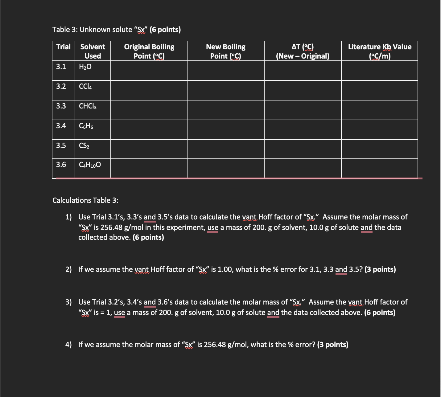 Table 3: Unknown solute "Sx" (6 points) Calculations | Chegg.com