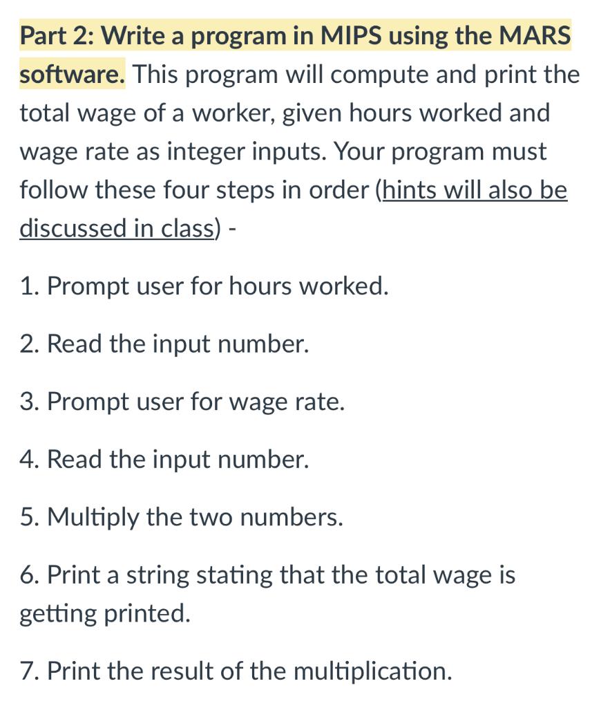 Part 2: Write a program in MIPS using the MARS | Chegg.com