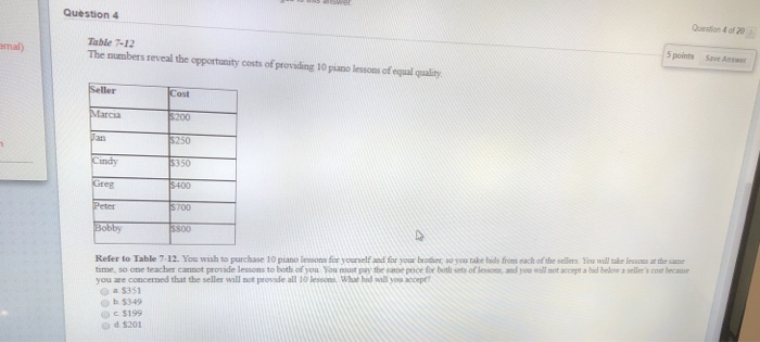 Solved Question 4 Question 4 of 20 Table 7-12 The numbers | Chegg.com