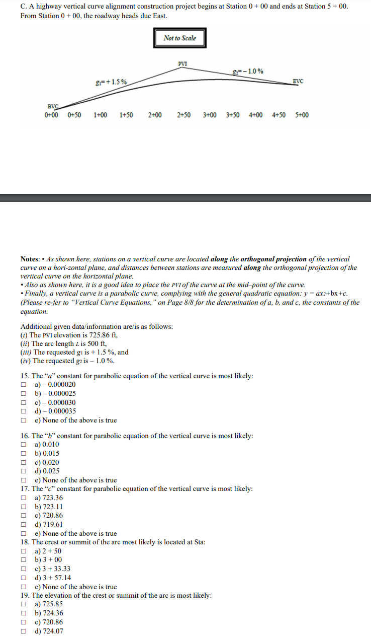 Solved C. A highway vertical curve alignment construction | Chegg.com