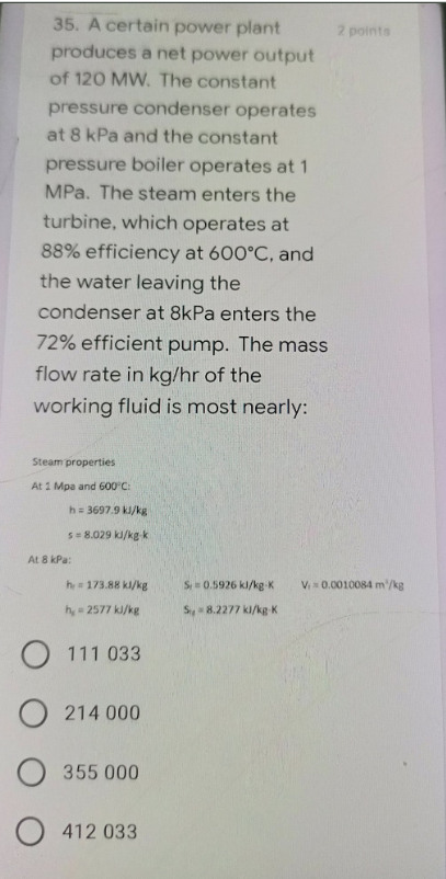 Solved 35. A certain power plant produces a net power output | Chegg.com