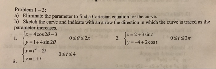 Solved Eliminate the parameter to find a Cartesian equation | Chegg.com