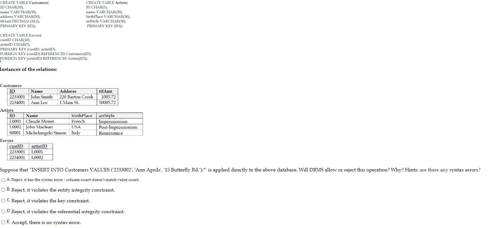 Solved Create Table Customers Id Char10 Name Varchar30 8721