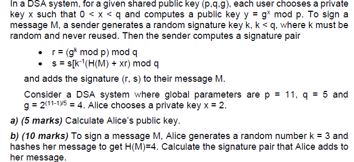 Solved In a DSA system, for a given shared public key | Chegg.com
