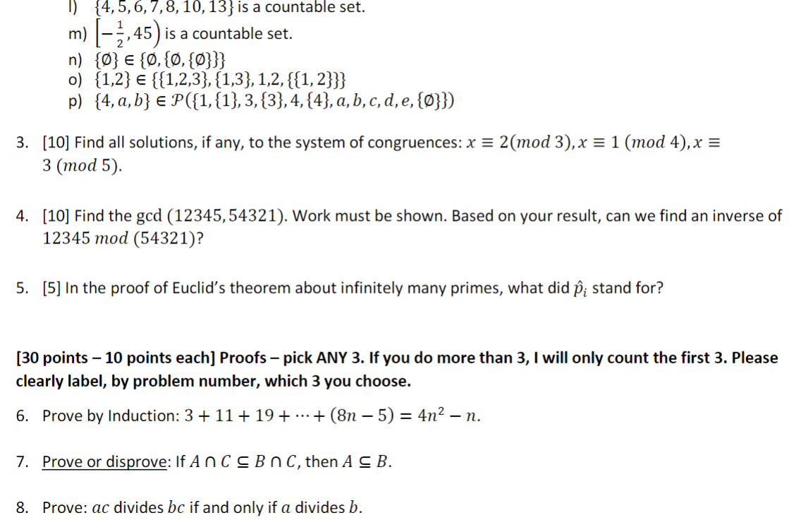 Solved l) {4,5,6,7,8,10,13} ﻿is a countable set.m) [-12,45) | Chegg.com