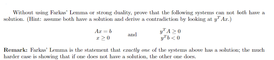 Solved Without using Farkas' Lemma or strong duality, prove | Chegg.com Solved Without using Farkas' Lemma or strong duality, prove | Chegg.com